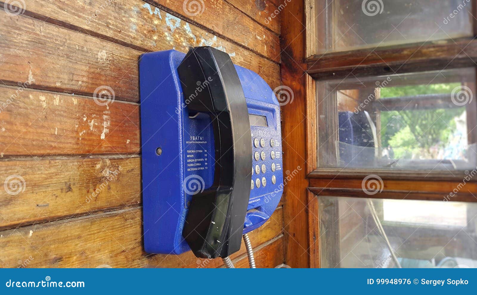 Wooden Call Box with Blue Telephone Stock Photo - Image of coin ...