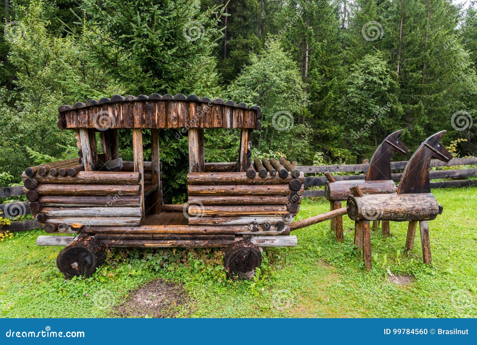 Wooden Carriage and Horses in a Forest Stock Photo - Image of century ...