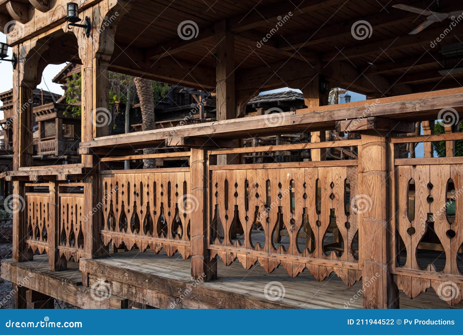 Wooden Carved Railing of a Large Wooden House Stock Photo - Image of ...