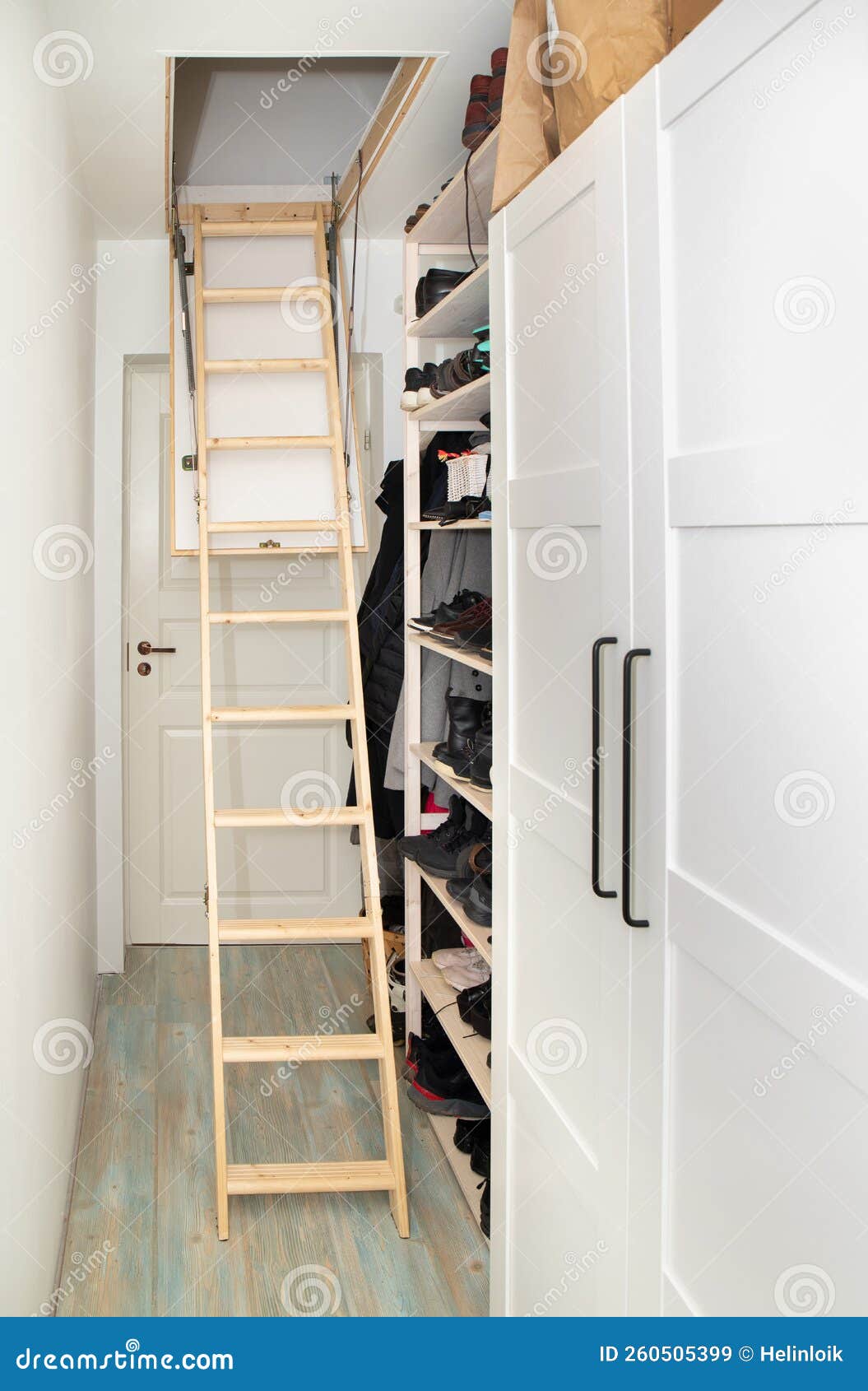 Wooden Ceiling Pull Down Attic Folding Stairs in Small Minimalist ...