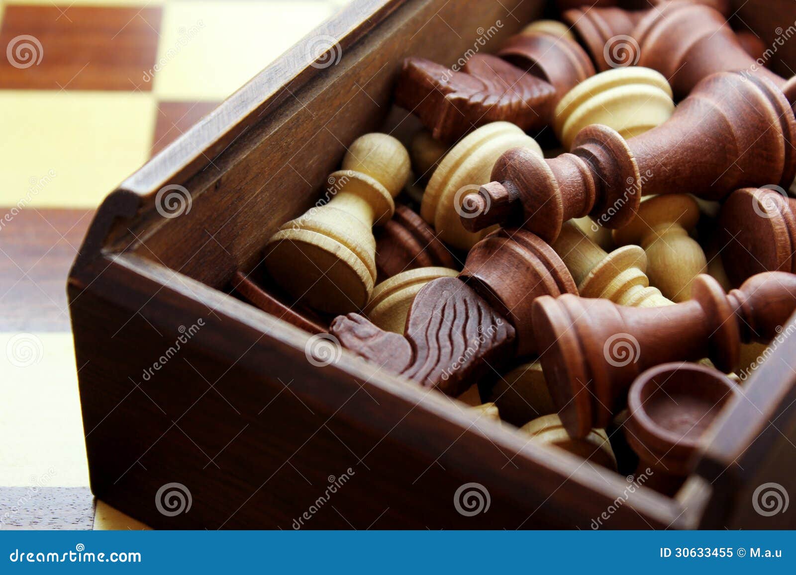 Wooden Chess Pieces in Box stock image. Image of pawn - 30633455