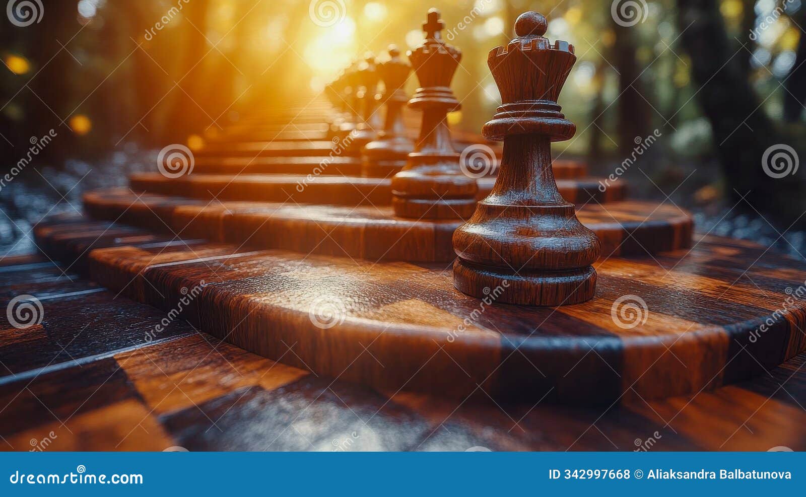 Wooden Chess Pieces Lined Up on a Board Outdoors, Sunset in the ...