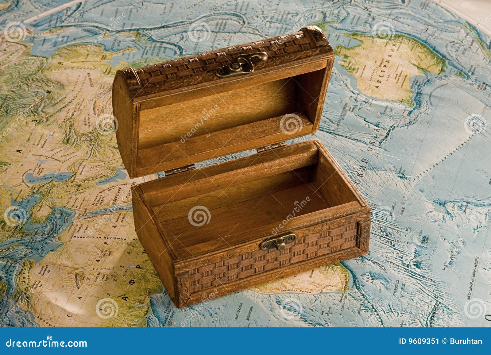 Wooden chest on the map stock image. Image of decoration - 9609351