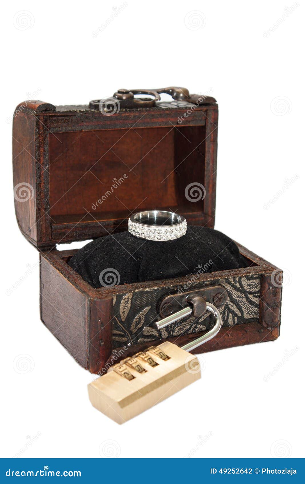 Wooden Chest and Padlock with Engagement Ring Stock Photo - Image of ...