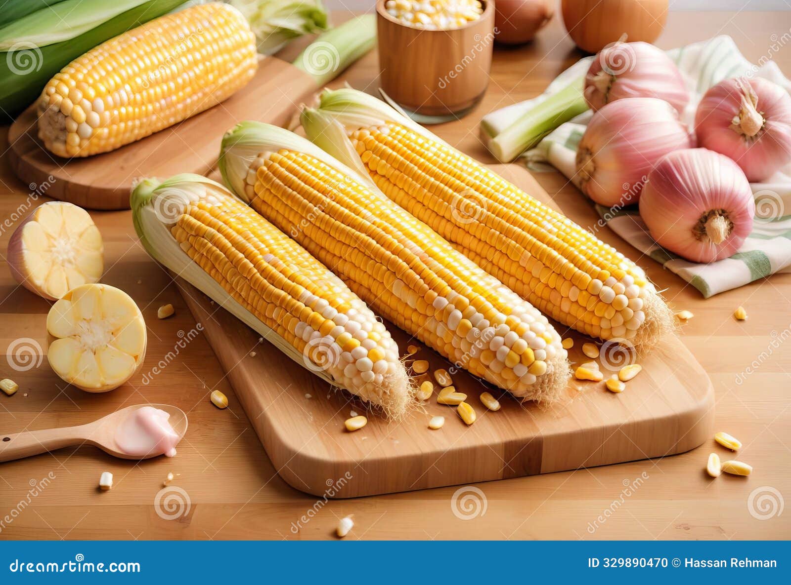 Wooden Chopping Board with Fresh Corn on Table Stock Illustration ...
