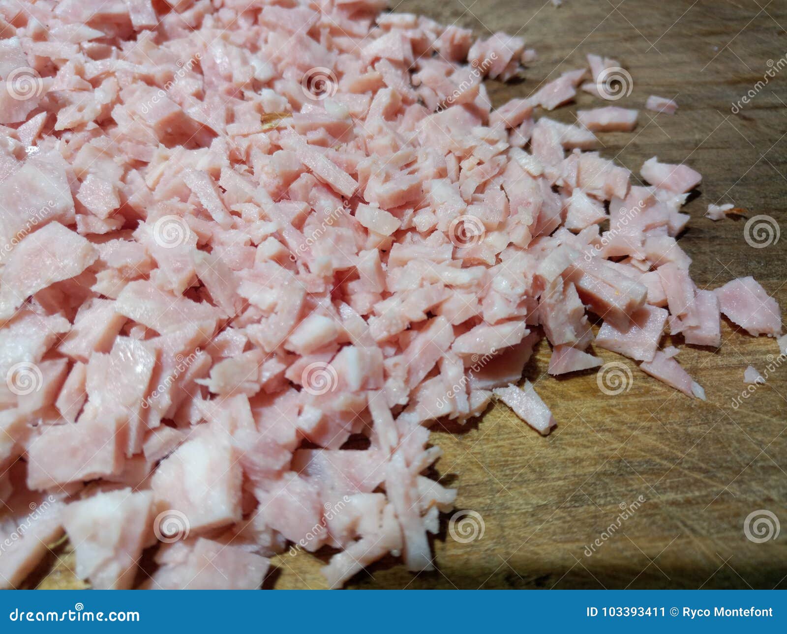 Pink cooked diced ham stock image. Image of wooden, pink - 103393411