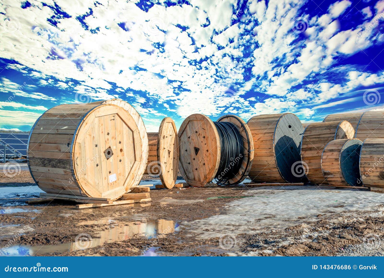 Wooden Coils with a High-voltage Cable of Various Sizes Stock Photo ...