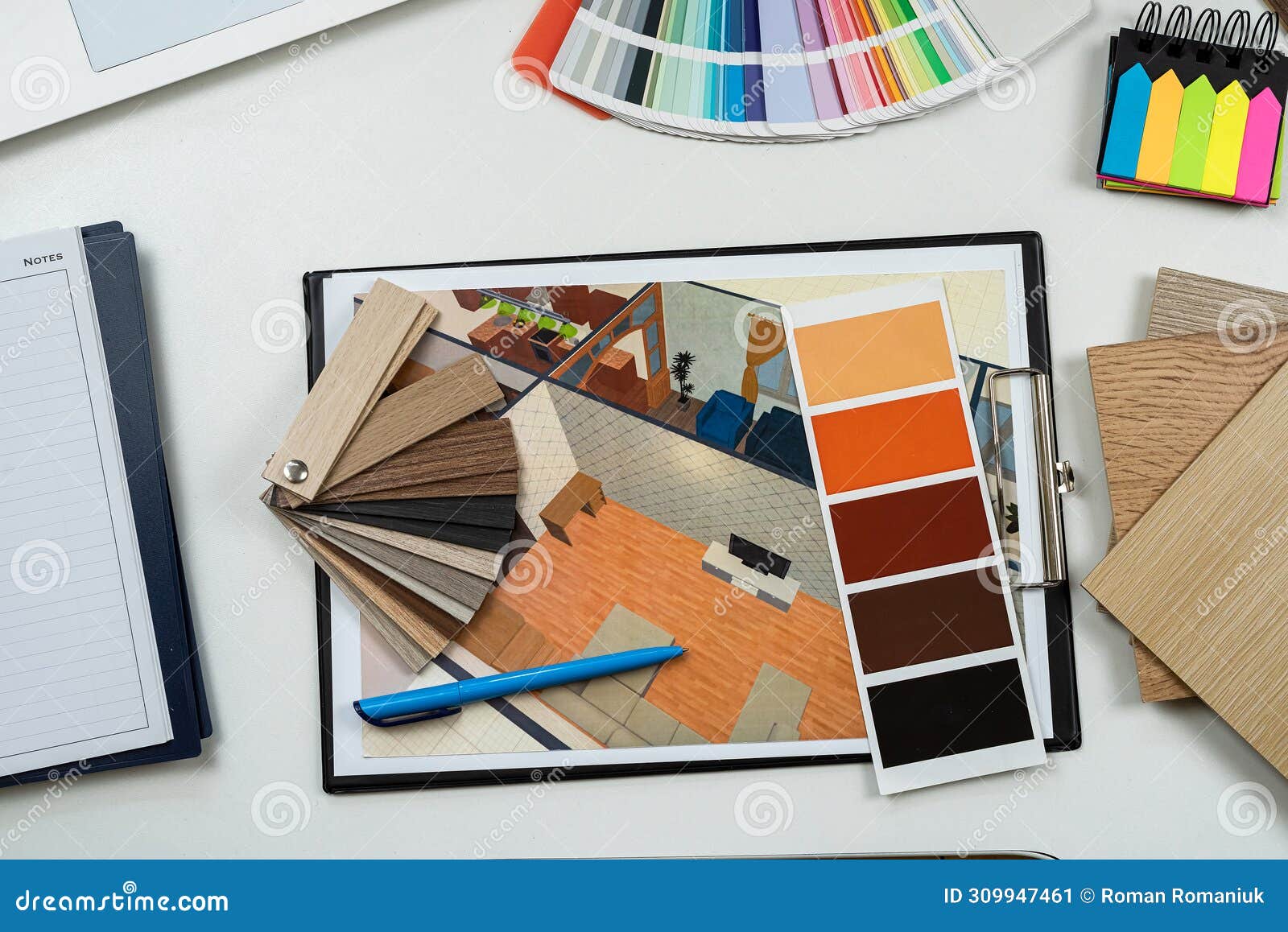 Wooden Color Samples with Drawing Sketch Plan on Office Desk , Creative ...