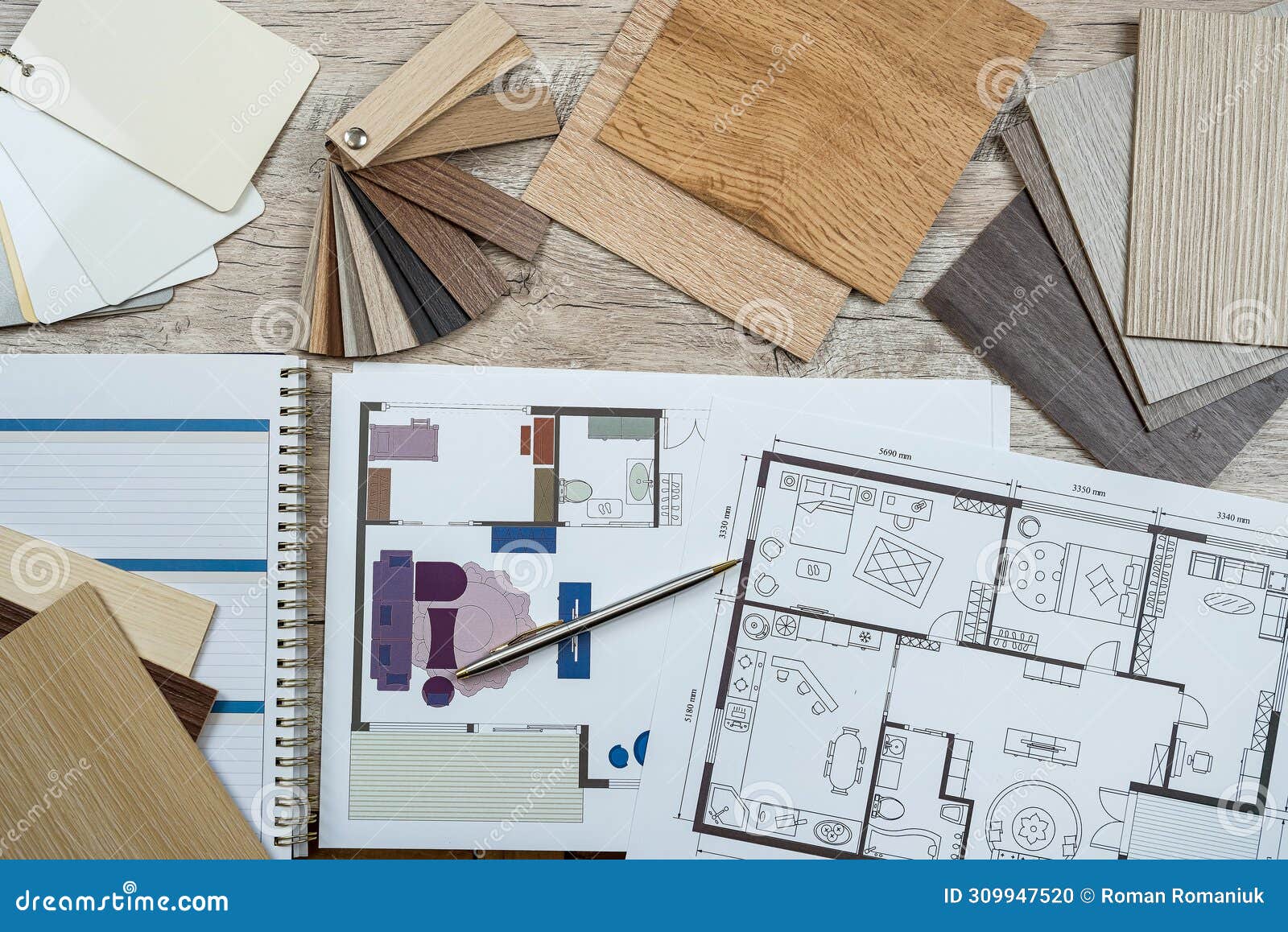 Wooden Color Samples with Drawing Sketch Plan on Office Desk , Creative ...