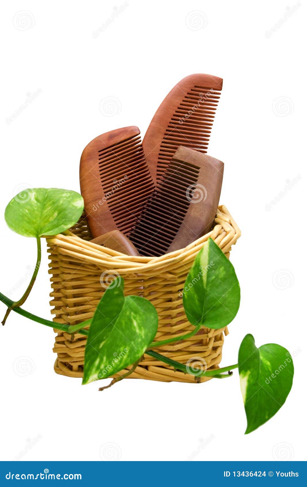 Wooden Combs in the Rattan Basket Isolated on White Stock Photo - Image ...