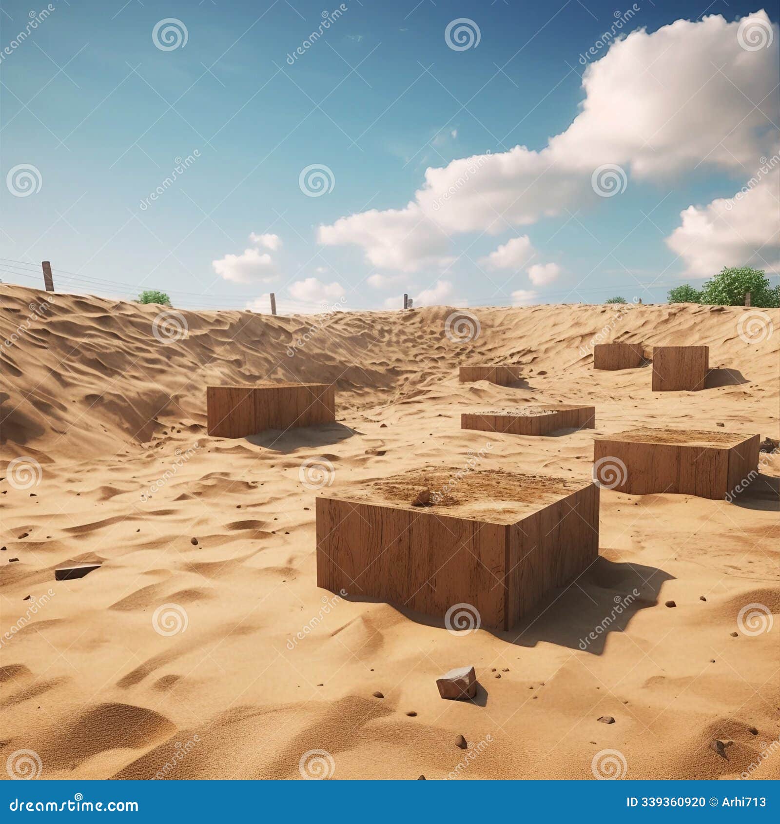 Wooden Constructions, Wooden Objects ,desert Landscape with Several ...