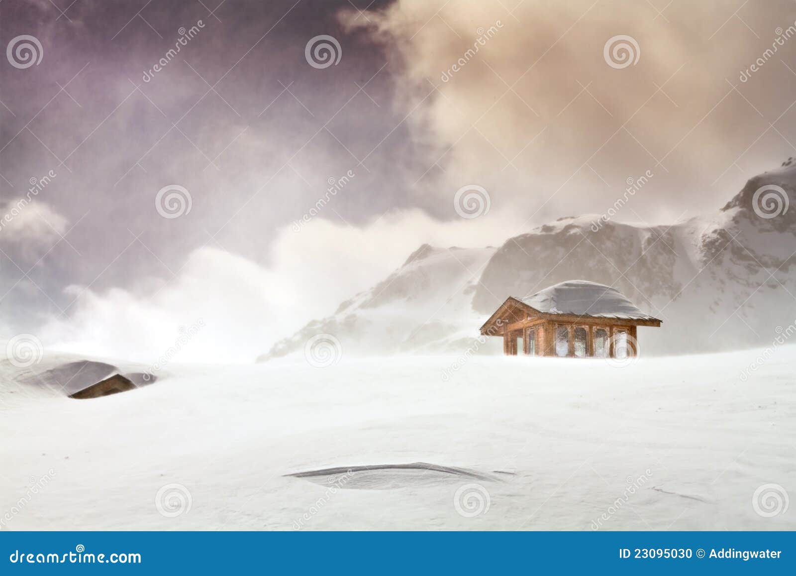 Wooden Cottage and Snow Covered Huts in Blizard Stock Photo - Image of ...