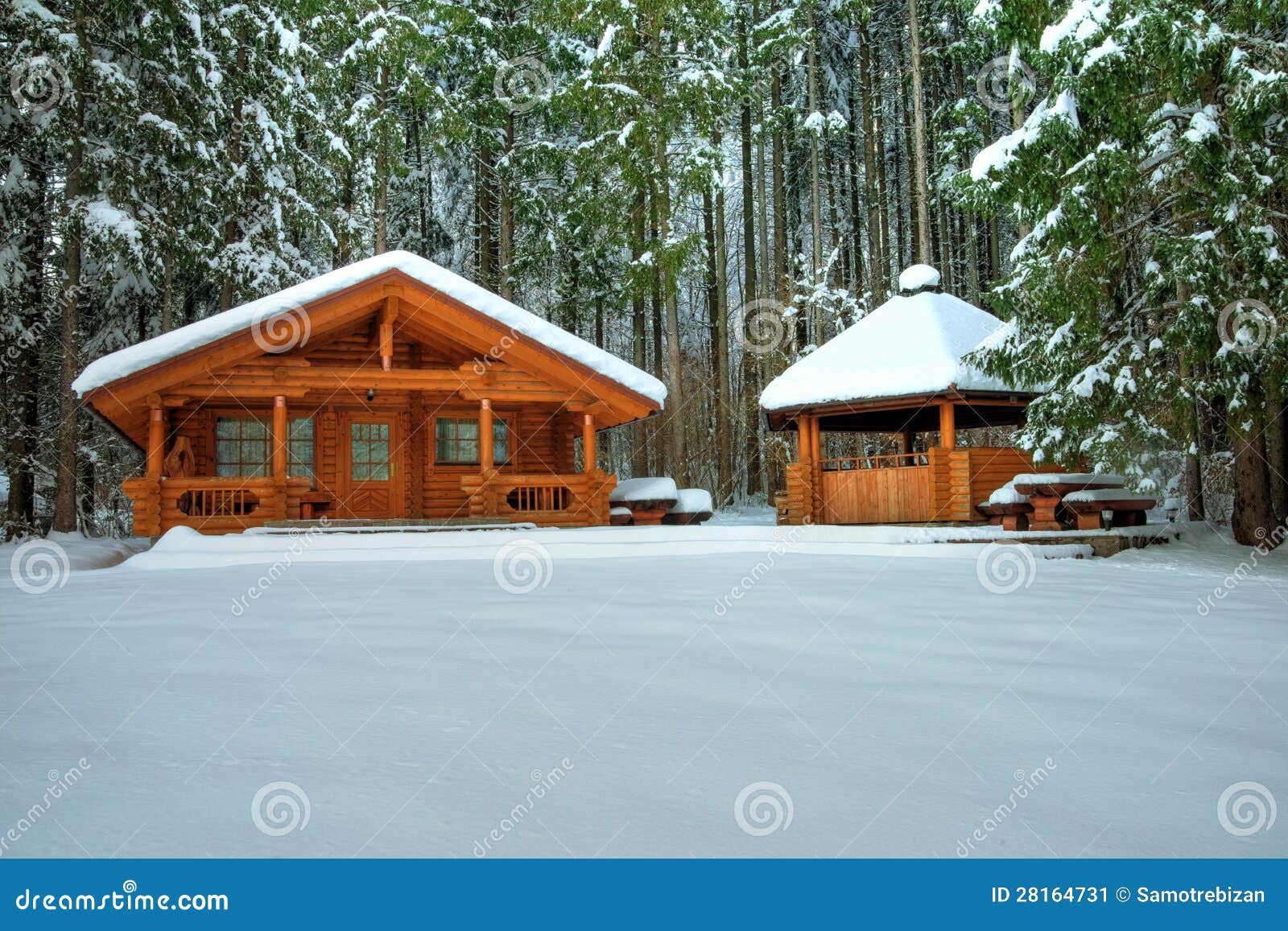 Wooden Cottage in Snowy Forest Stock Image - Image of spruce, country ...