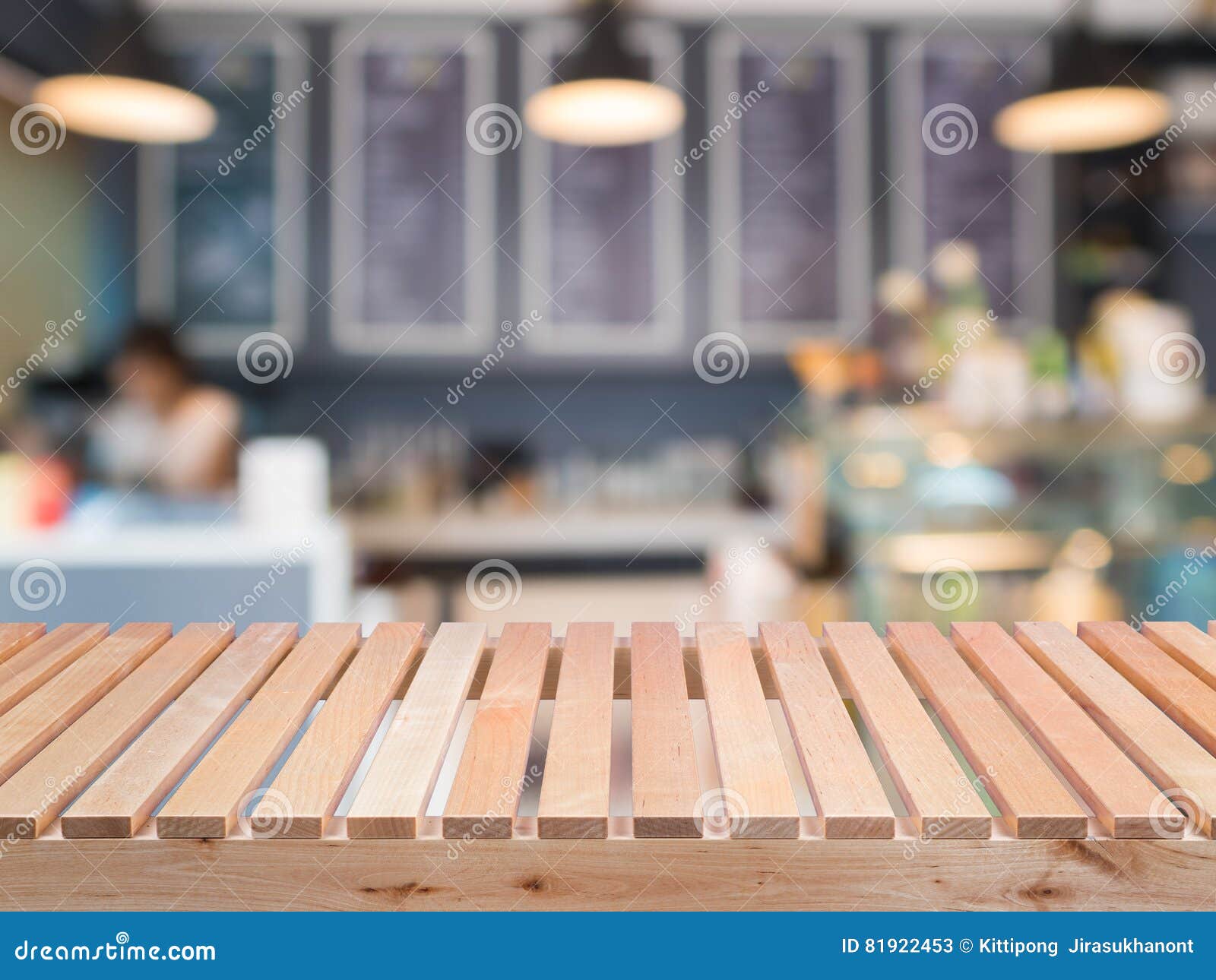 Wooden Counter with Coffee Shop Background Stock Image - Image of ...