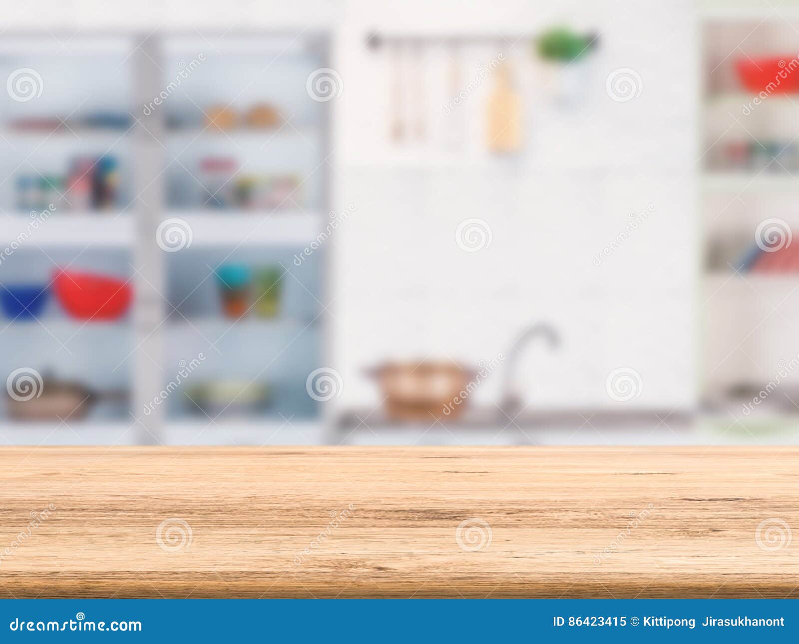 Wooden Counter With Kitchen Cabinet Background Stock Image - Image of ...