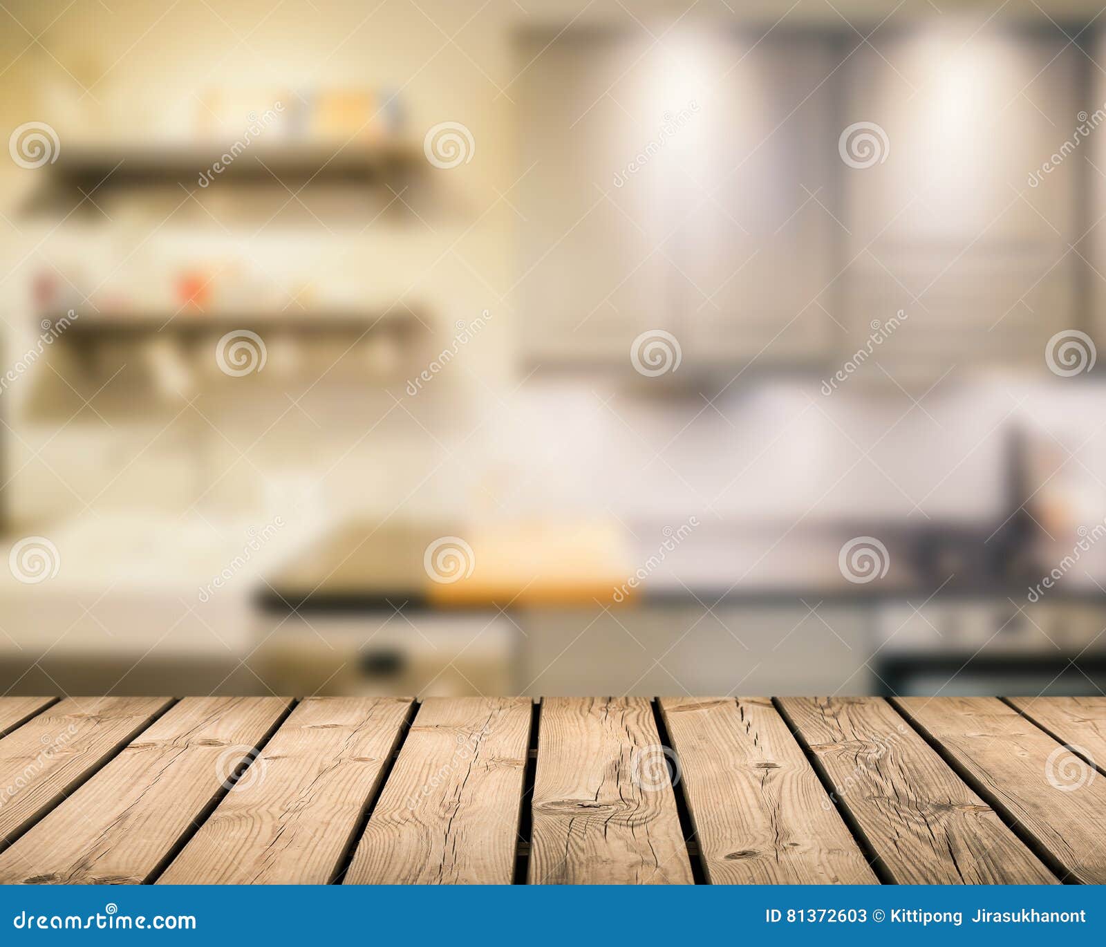 Wooden Counter Top with Kitchen Background Stock Image - Image of ...