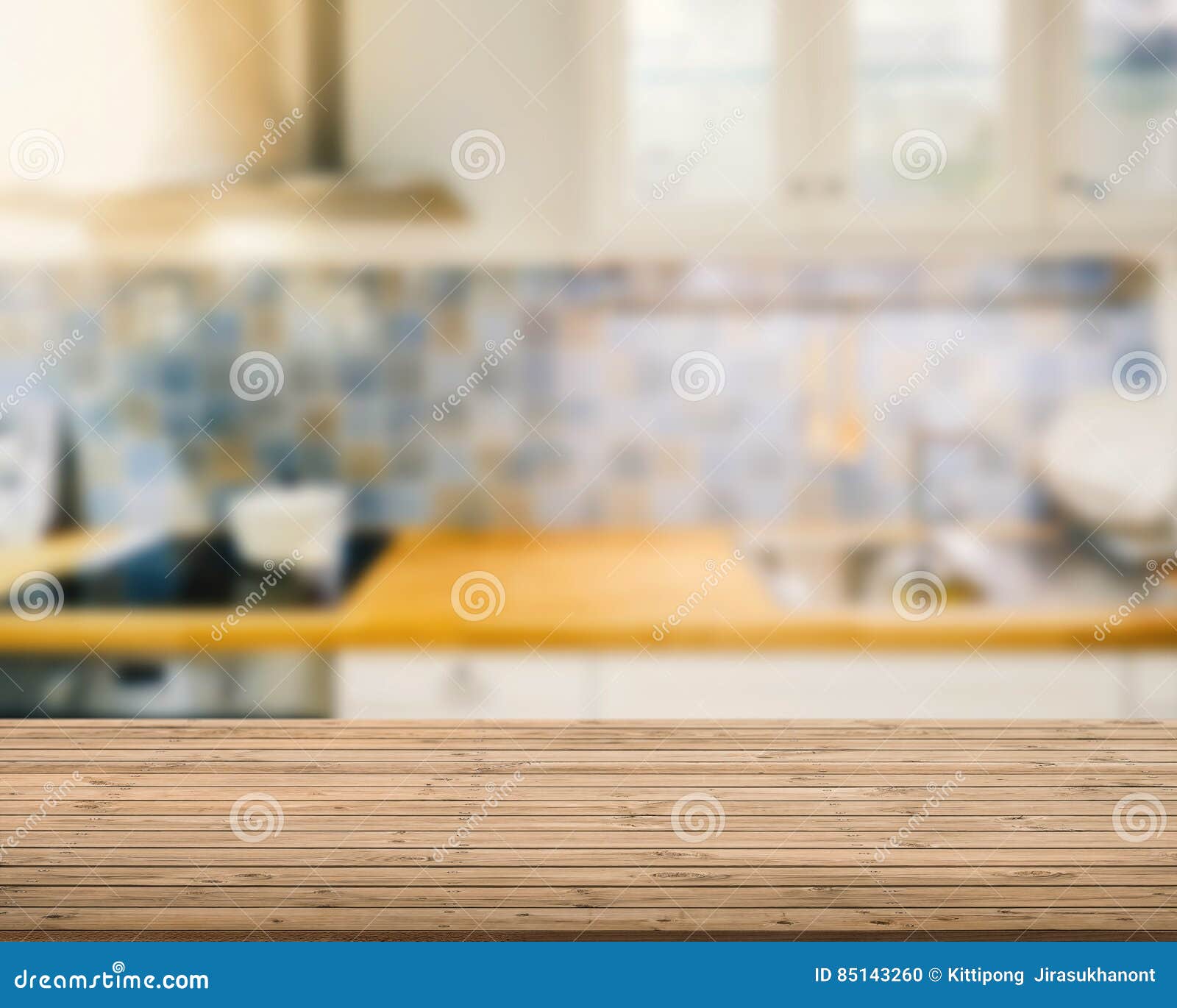 Wooden Counter Top with Kitchen Background Stock Photo - Image of ...