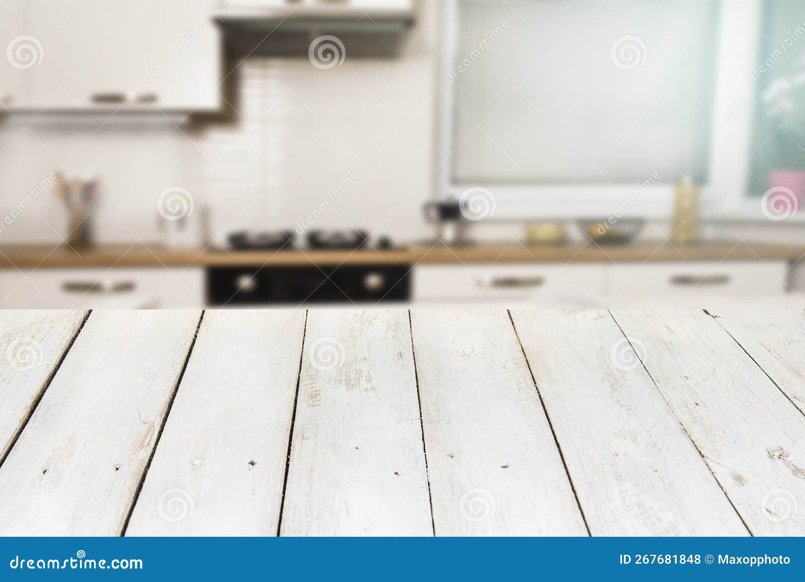 Wooden Counter Top on Kitchen Blur Background Stock Photo - Image of ...