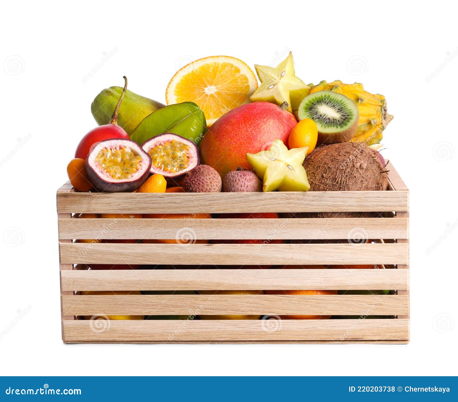 Wooden Crate with Different Exotic Fruits on White Background Stock ...