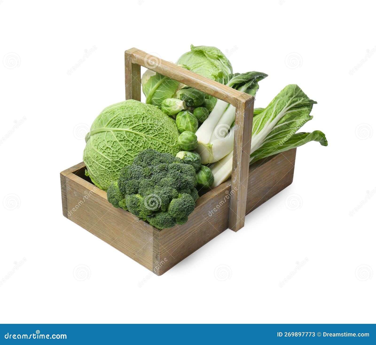 Wooden Crate with Different Types of Fresh Cabbage on White Background ...