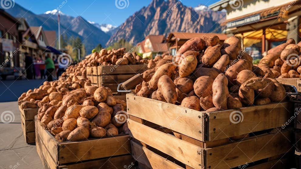 A Wooden Crate Filled with Potatoes is on Display, AI Stock ... A Wooden Crate Filled with Potatoes is on Display, AI Stock ...