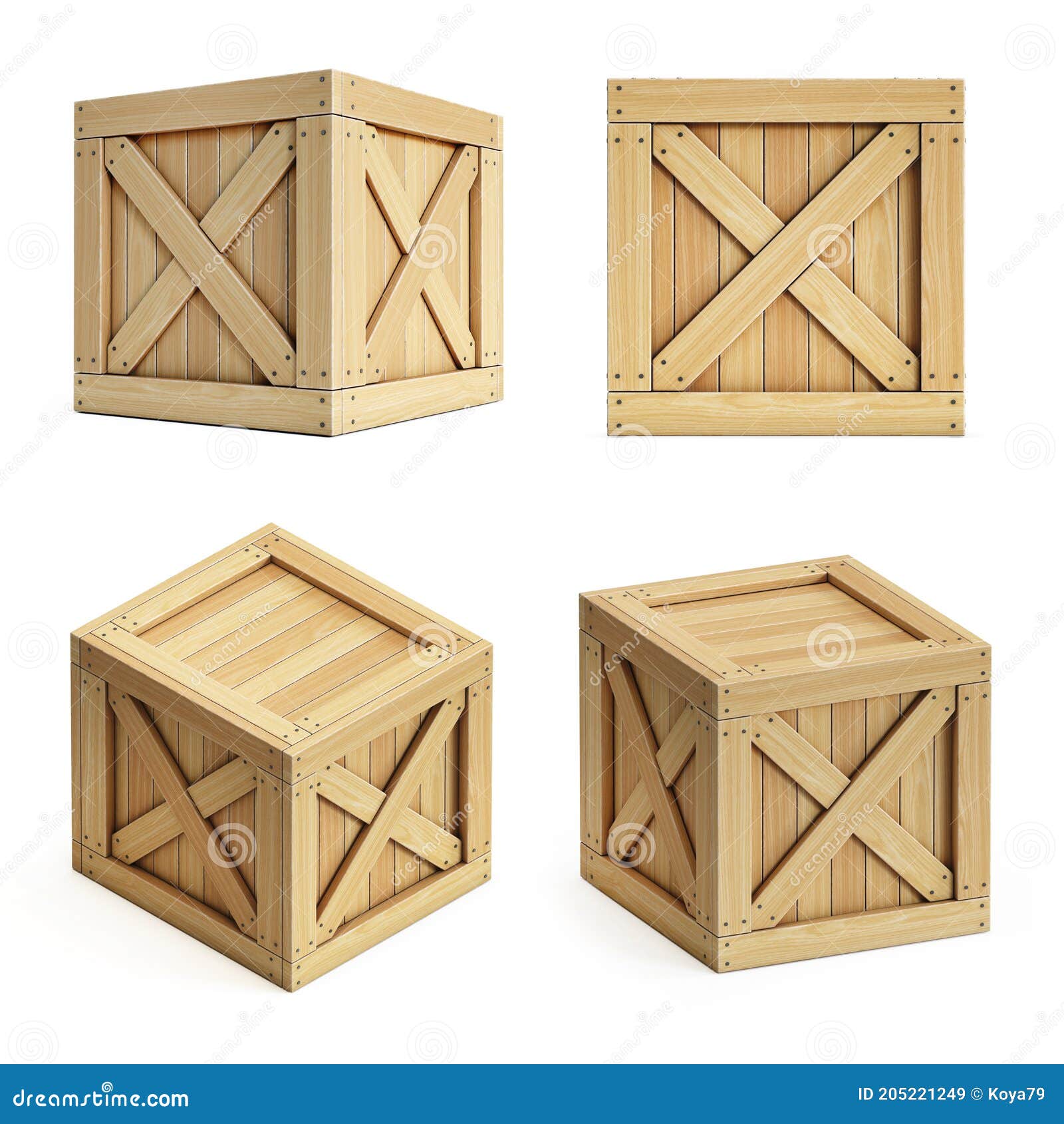 Wooden Crate from Various Views, Cargo Box Isolated on White Background ...