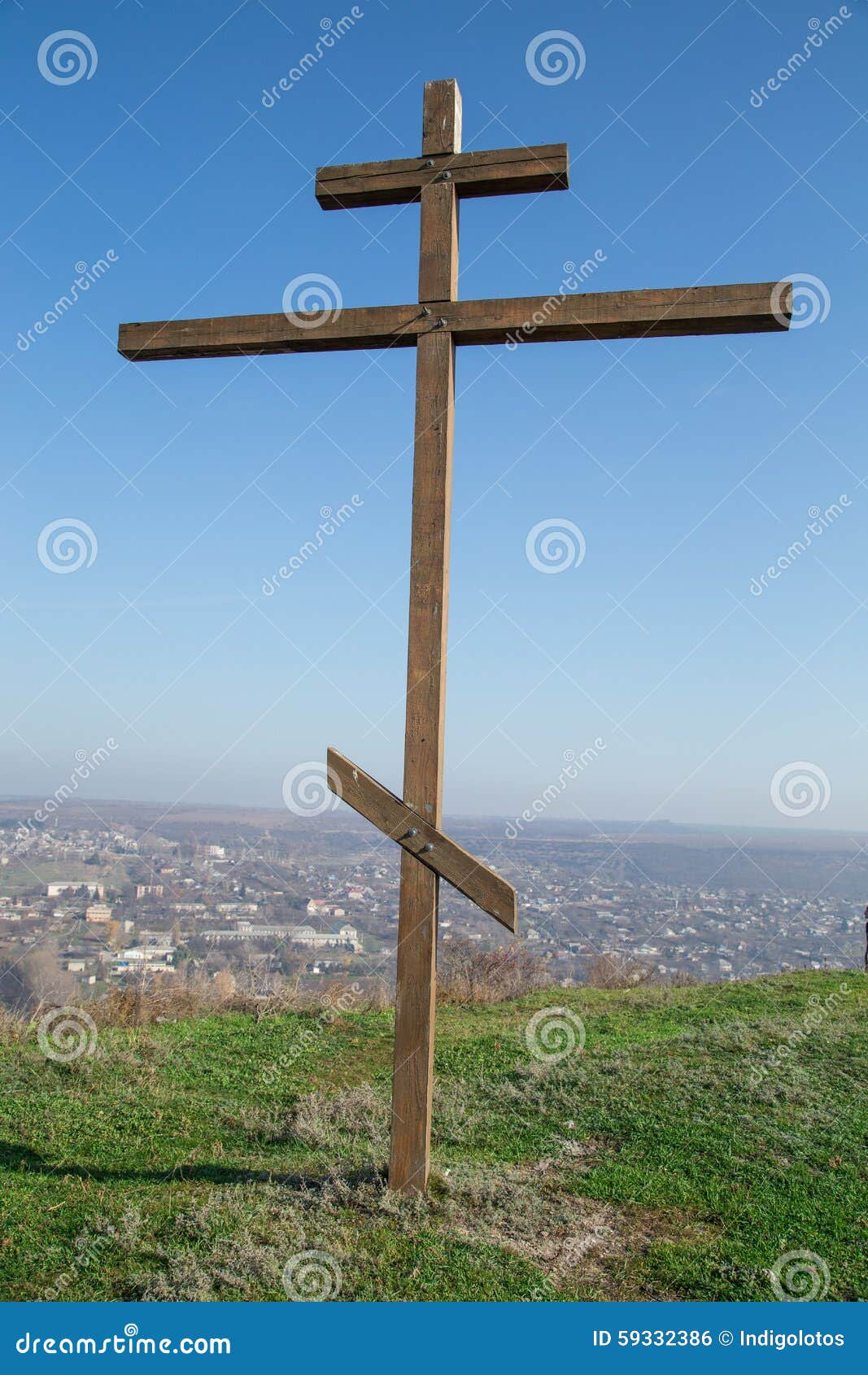 Wooden cross on blue sky. stock photo. Image of isolated - 59332386