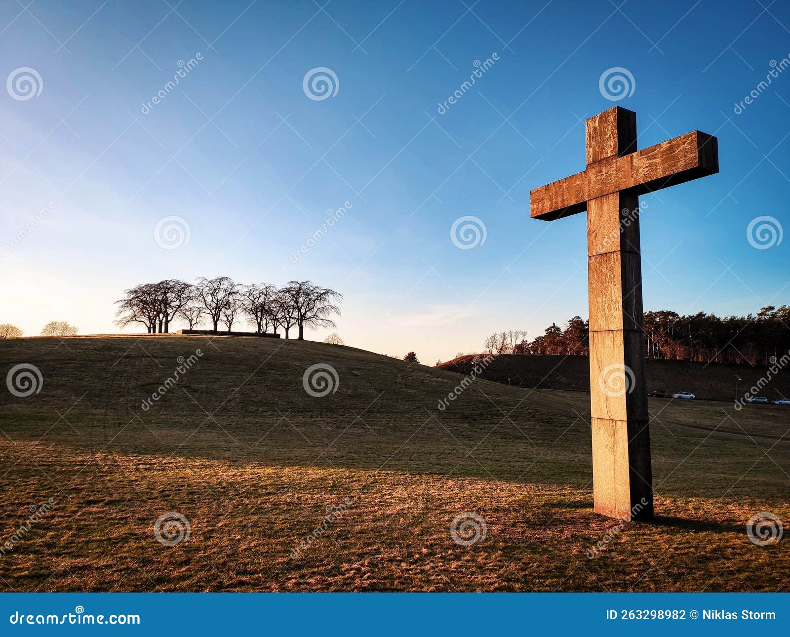 Wooden Cross on Field Against Sky at Evening Stock Photo - Image of ...