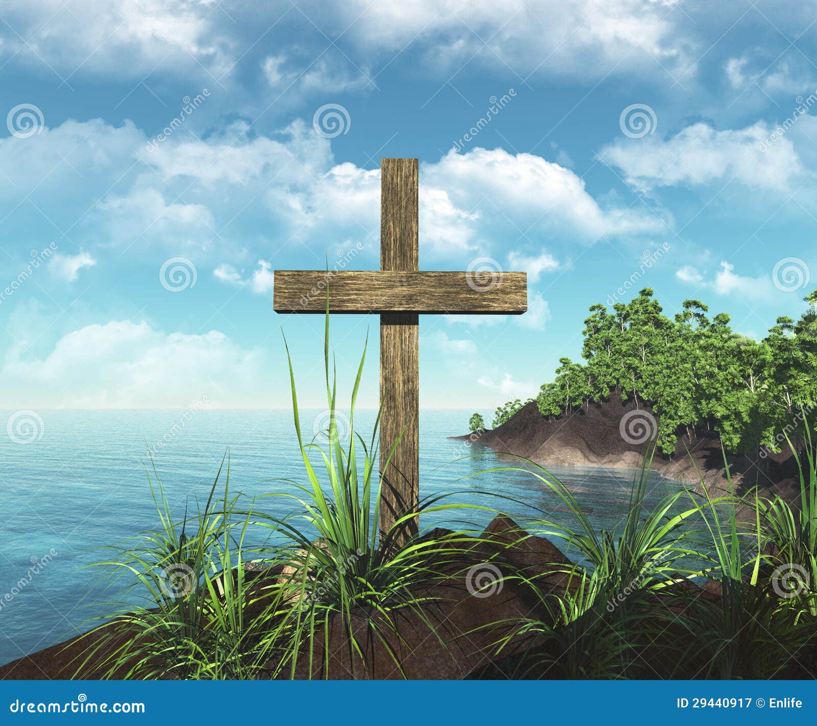 Wooden cross on the island stock illustration. Illustration of ...