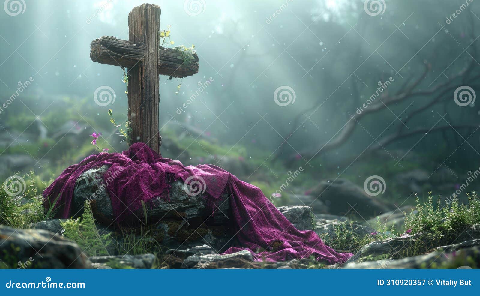 Wooden Cross with Purple Cloth. Generative AI. Stock Image - Image of ...
