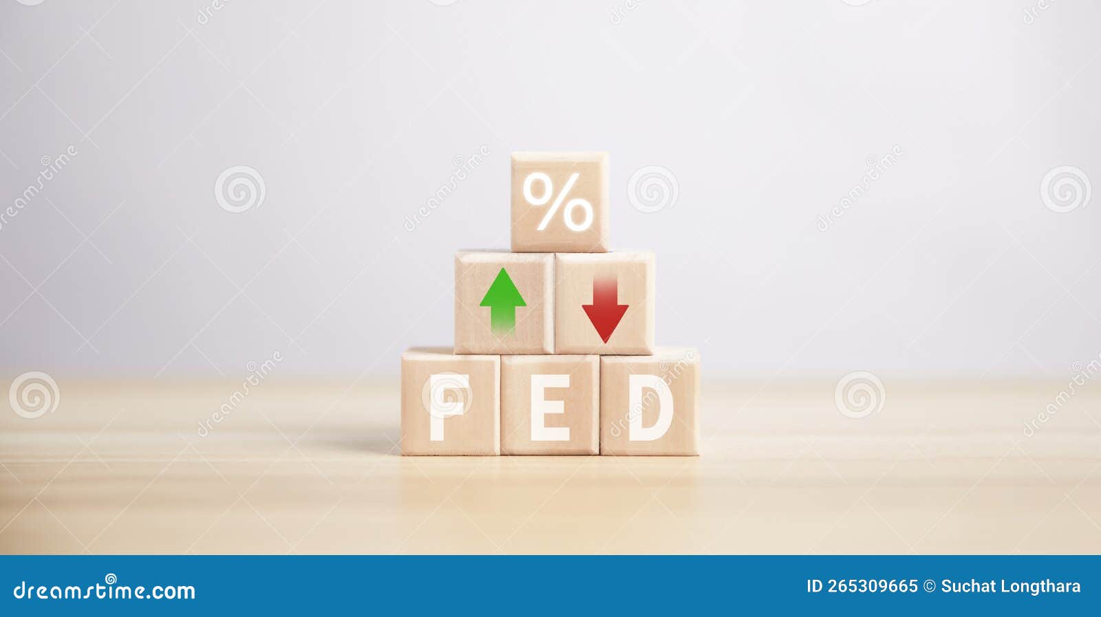 Wooden Cube Blocks Lined Up with Fed Percent Symbol and Up and Down Arrows. Concept of Interest ...