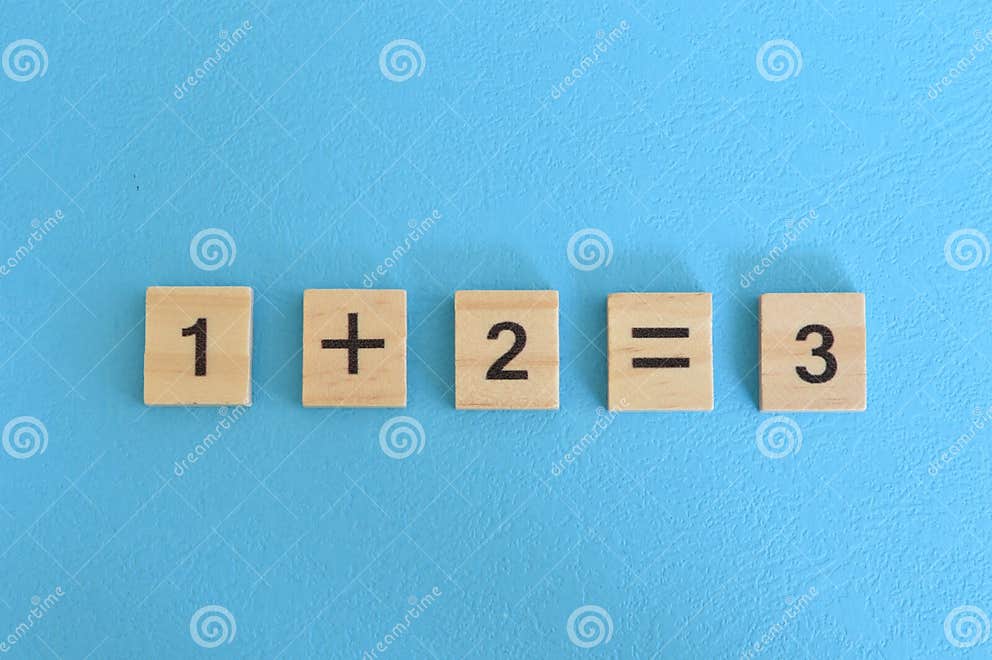 Wooden Cube Blocks with One Plus Two Equal Three. Math Concept Stock ...