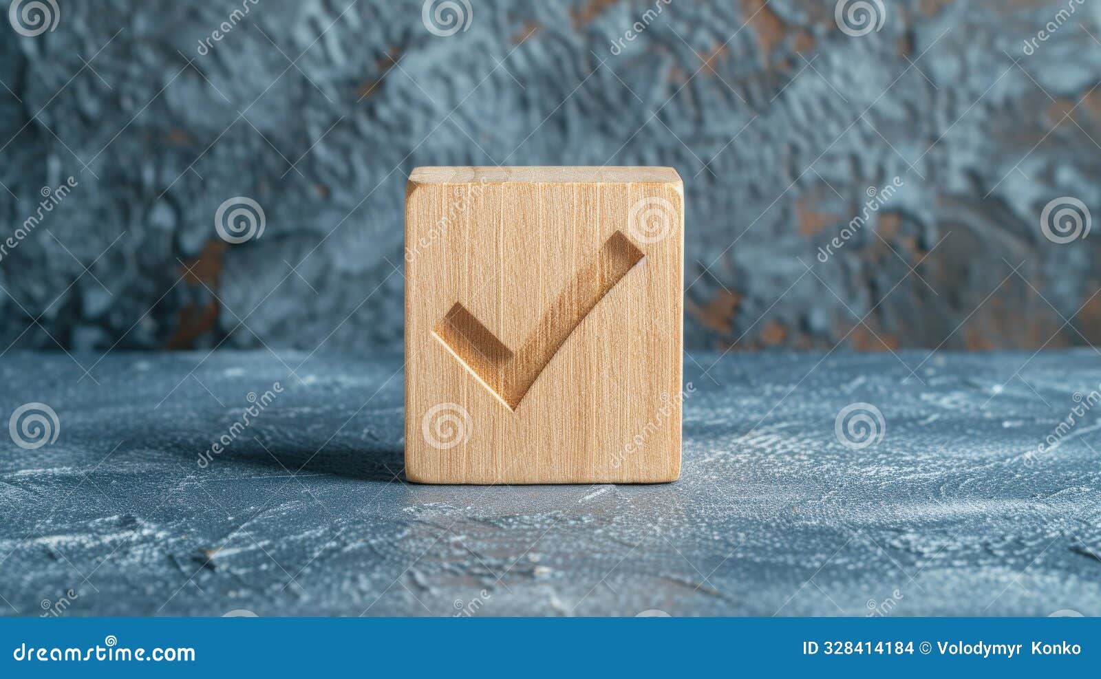Wooden Cube with Checkmark on Textured Surface, Minimalistic Symbol ...