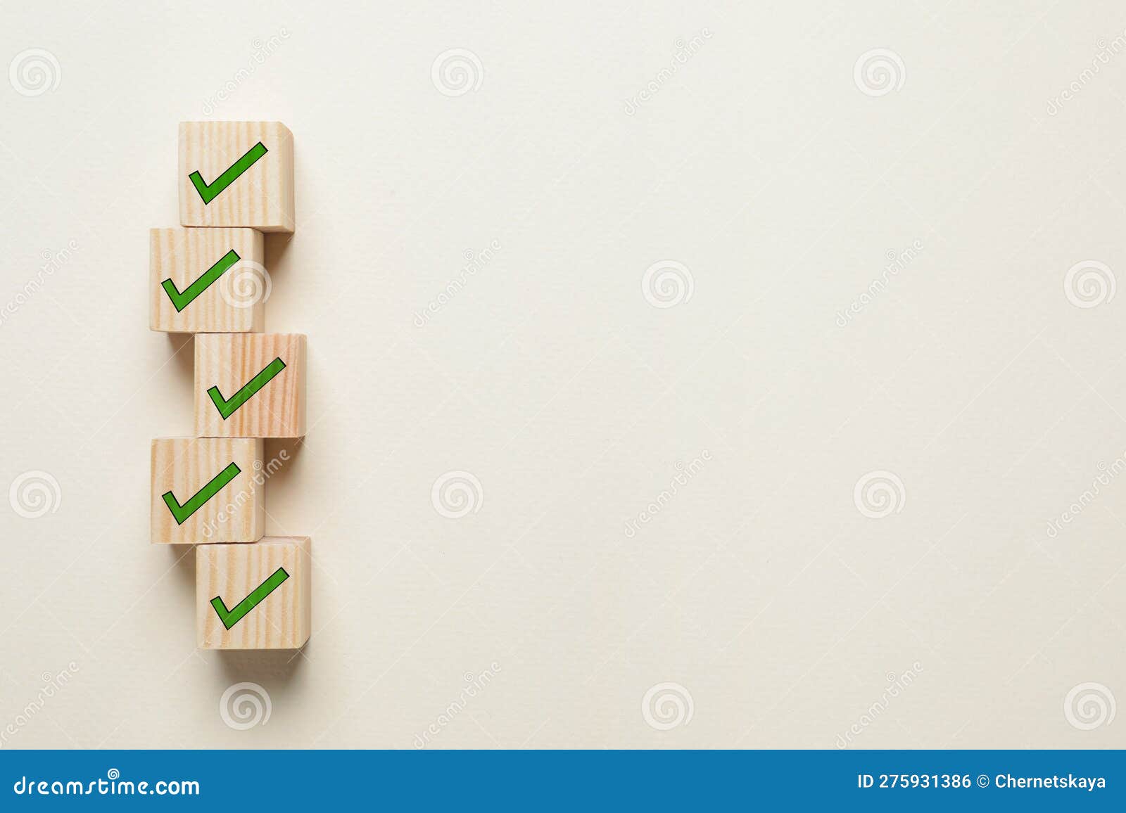 Wooden Cubes with Check Marks on Beige Background, Flat Lay. Space for ...