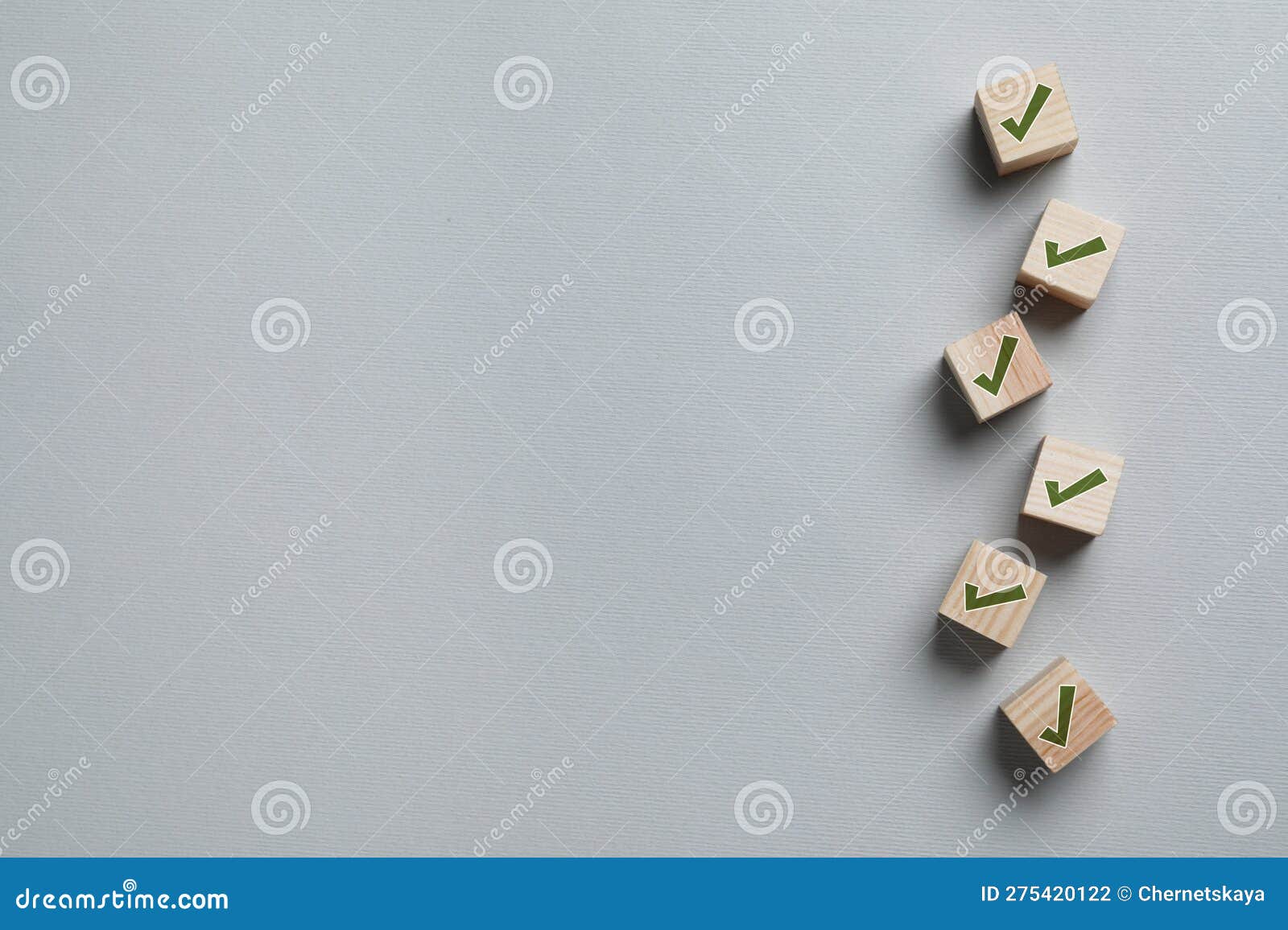 Wooden Cubes with Check Marks on Light Grey Background, Flat Lay. Space ...