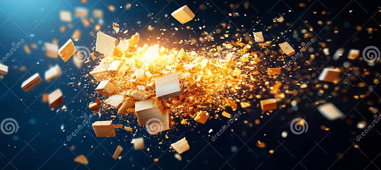Wooden Cubes Exploding with Bright Light, Sawdust, and Particles on a ...