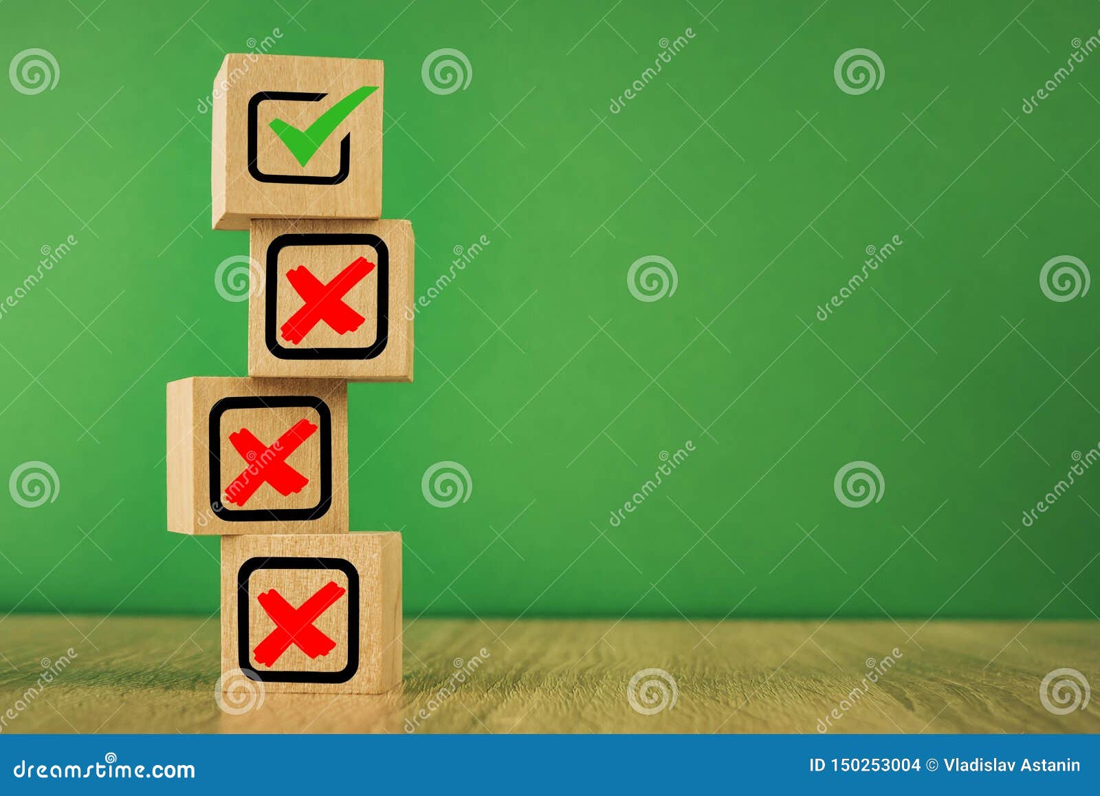 Wooden Cubes with the Image of Check Marks Marks on a Green Background ...
