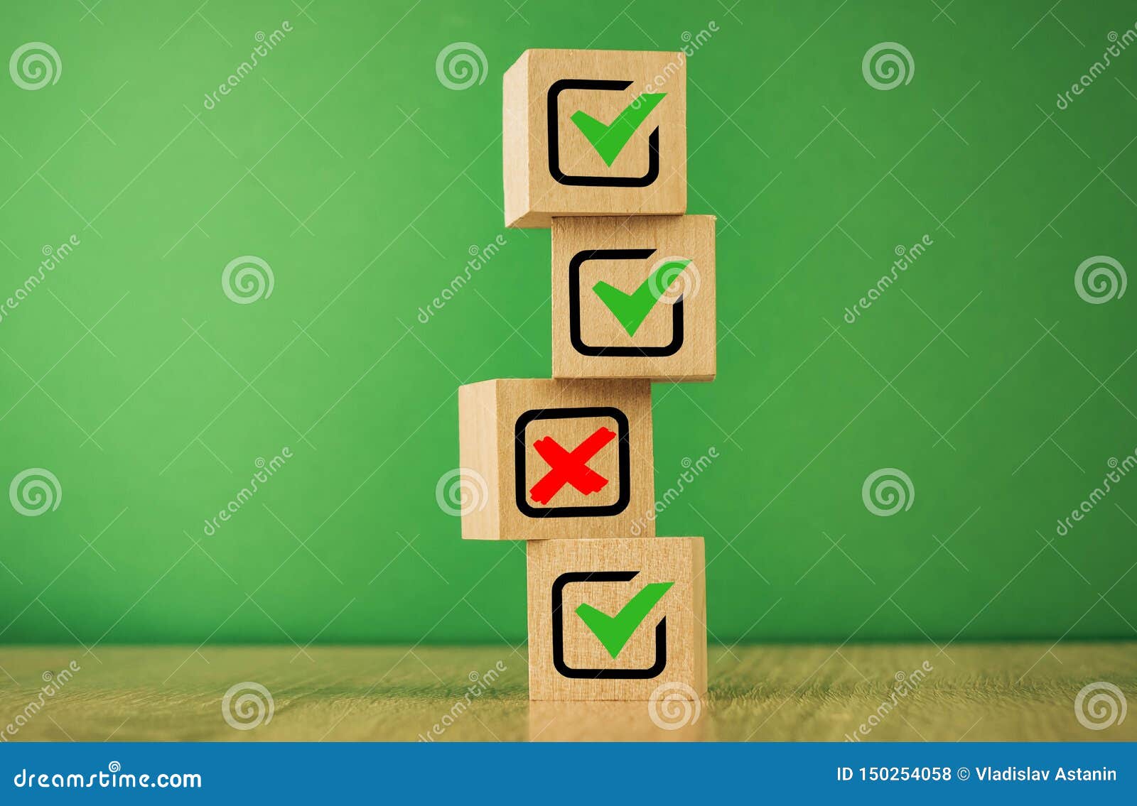 Wooden Cubes with the Image of Check Marks Marks on a Green Background ...