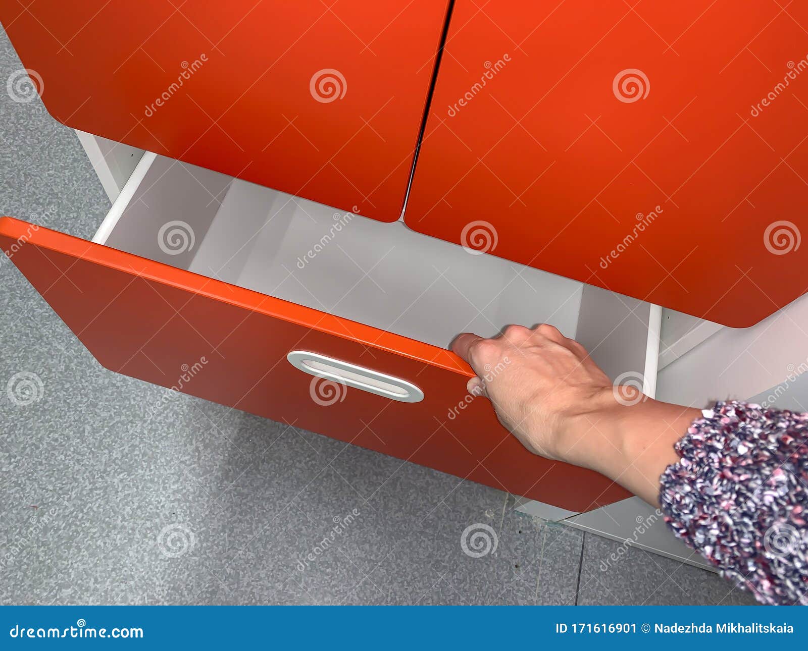 Wooden Cupboard with Hand Opened Empty Drawers Stock Image - Image of ...