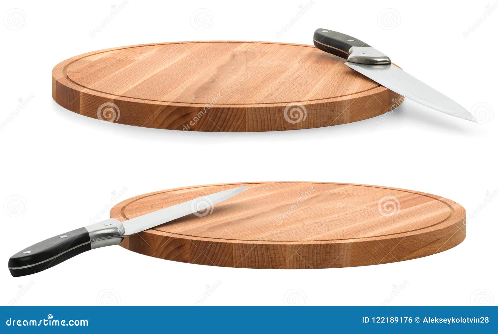 Wooden Cutting Board and Knife Isolated on White Background. Set Stock ...