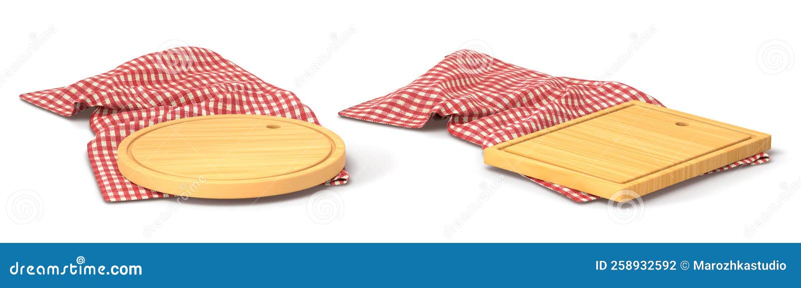 Wooden Cutting or Pizza Boards on Red Plaid Towel. Round and Rectangular Tray Set on Checkered ...