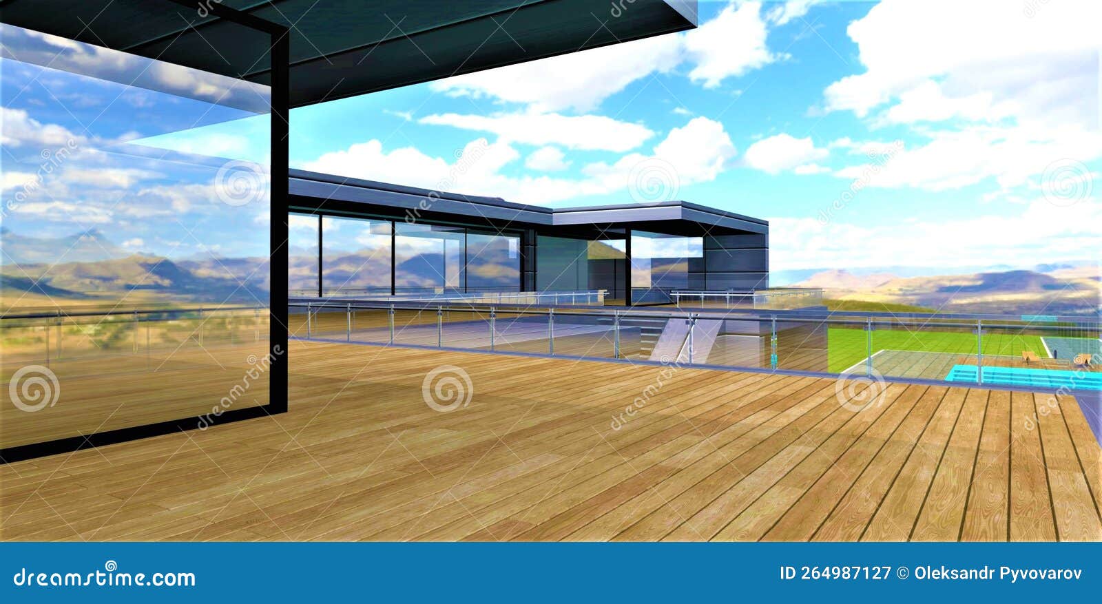 Wooden Deck with Glass Railing. View of the Blue Cloudy Sky. Reflection ...