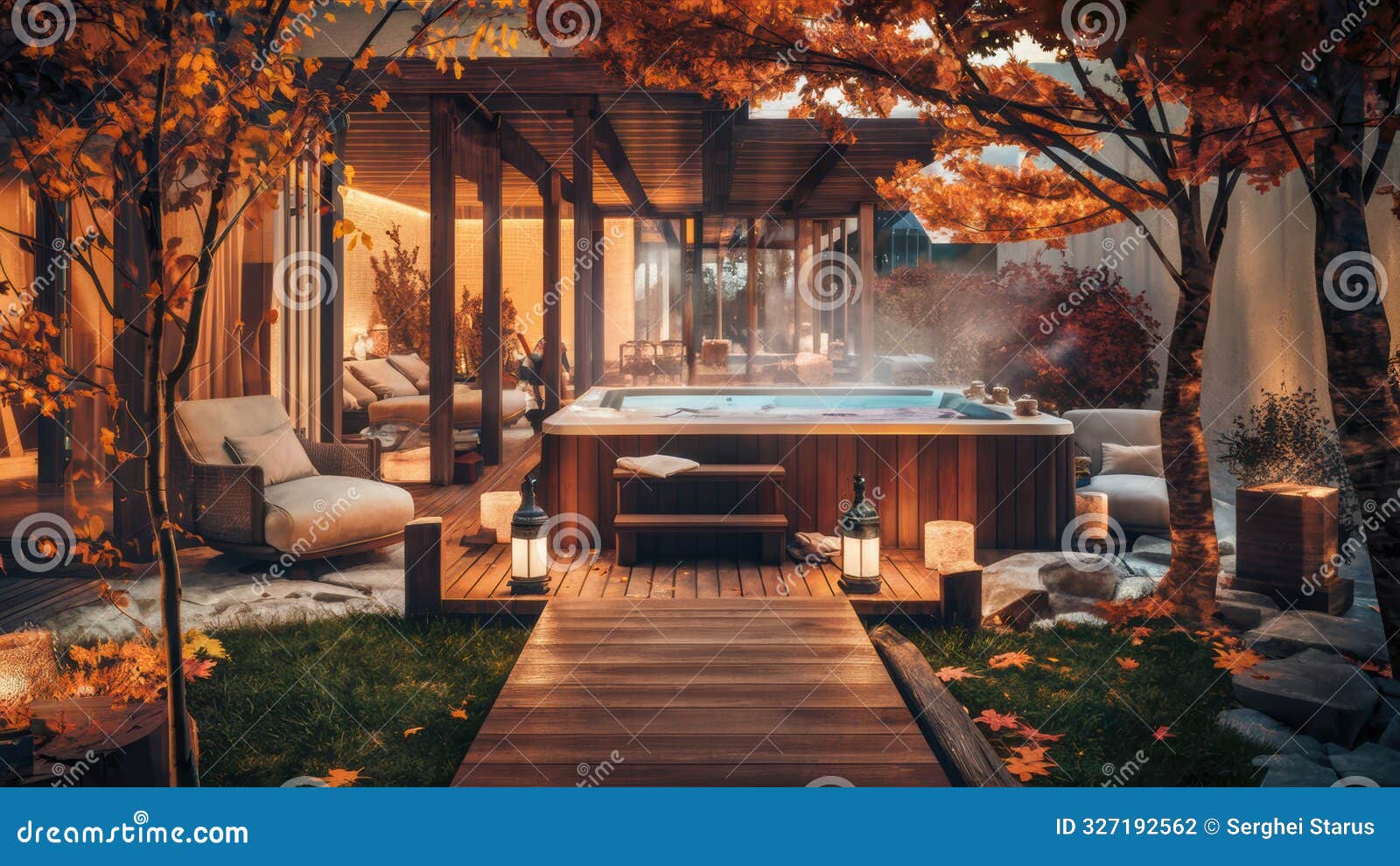 A Wooden Deck with a Hot Tub and Chairs in the Fall, AI Stock Photo ...