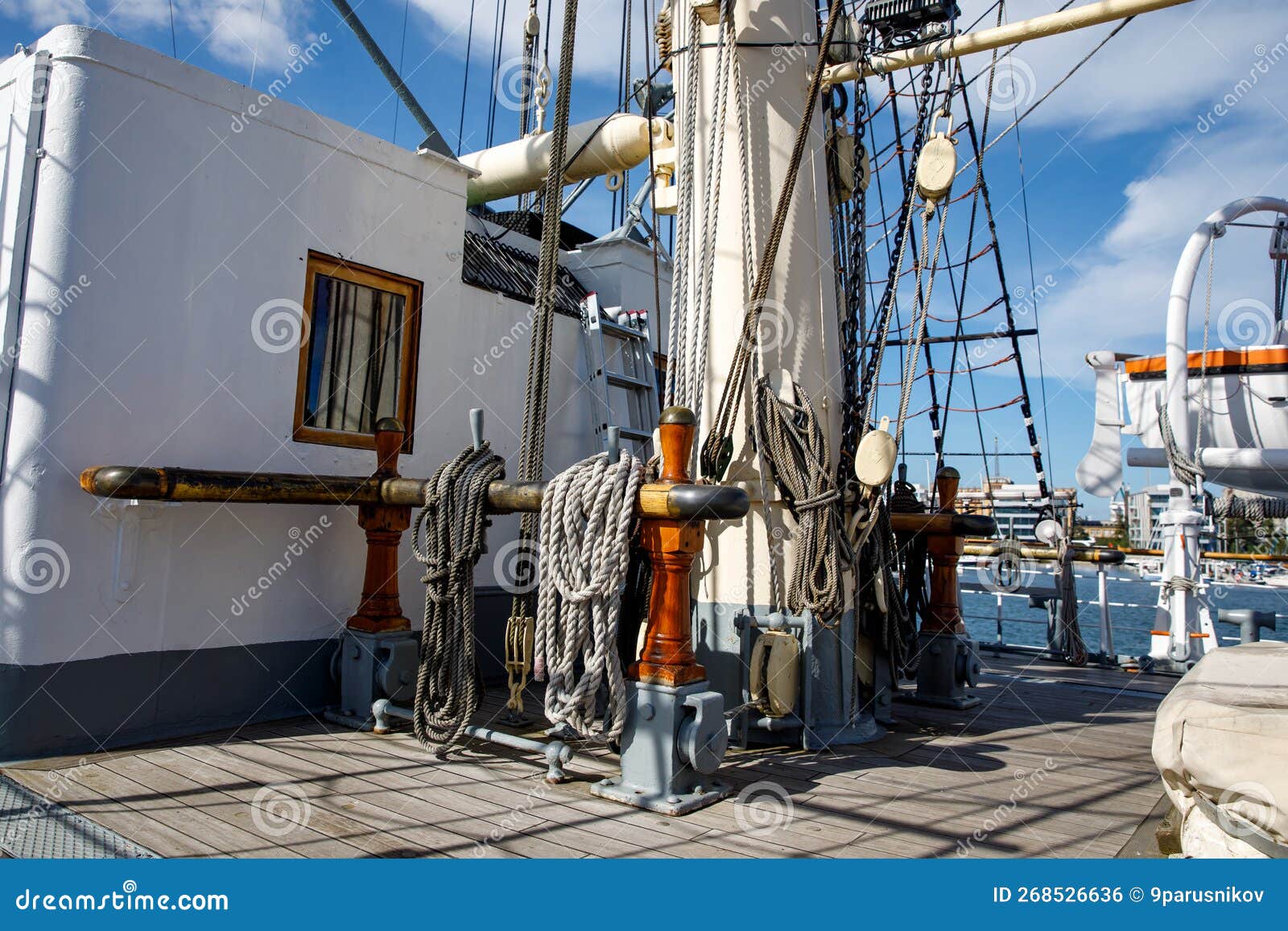 Wooden Deck of an Old Sail Ship, Sailboat Rigging. Stock Photo - Image ...