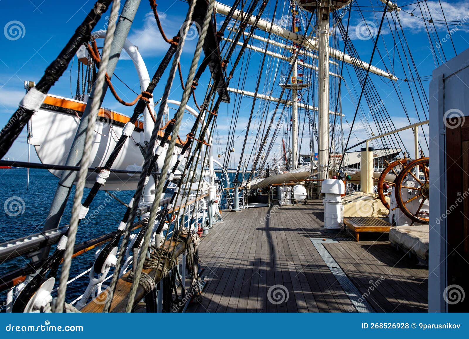 Wooden Deck of an Old Sail Ship, Sailboat Rigging. Stock Photo - Image ...