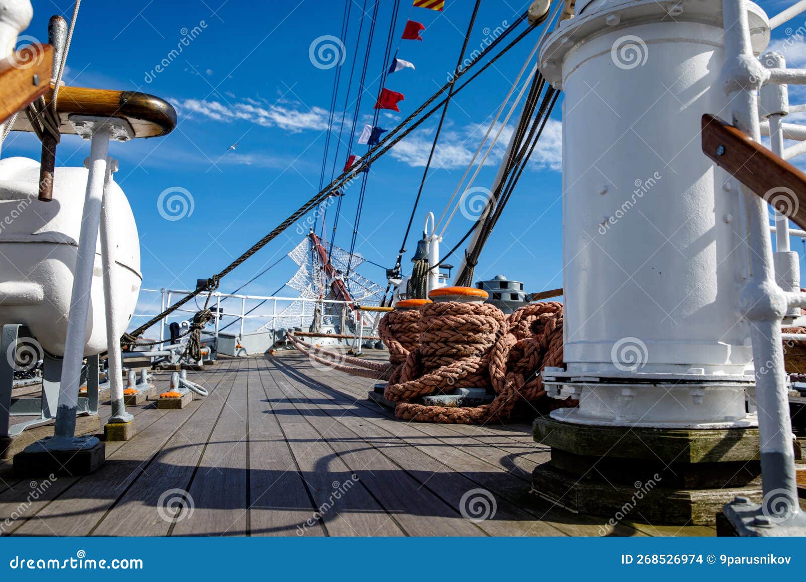 Wooden Deck of an Old Sail Ship, Sailboat Rigging. Stock Photo - Image ...