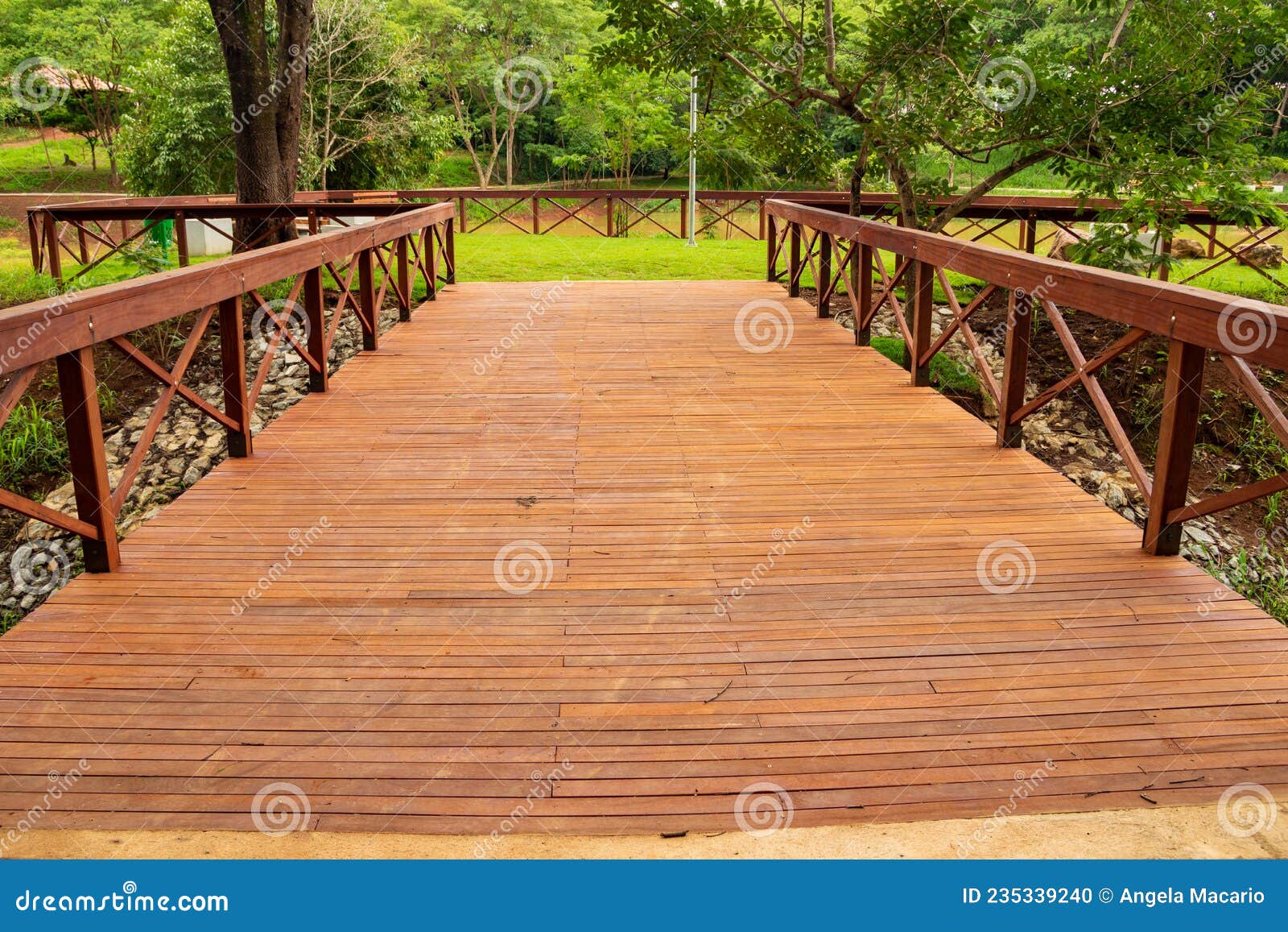 A wooden deck over a lake. stock photo. Image of path - 235339240