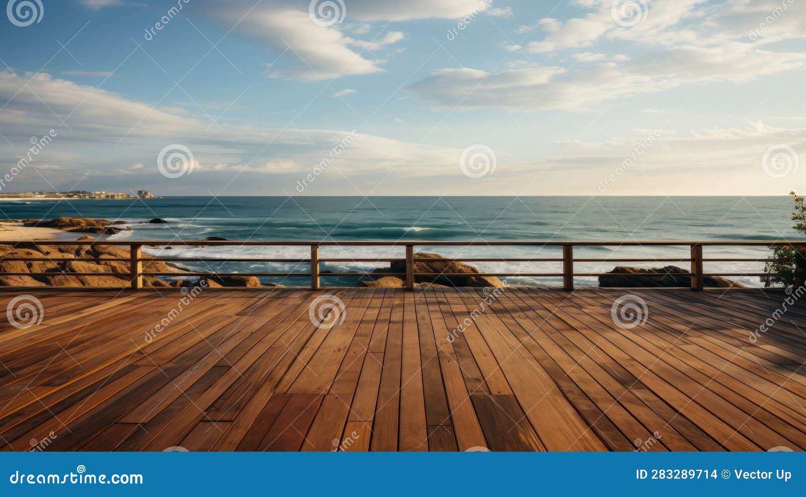 A Wooden Deck Overlooking the Ocean. Generative AI. Stock Photo - Image ...