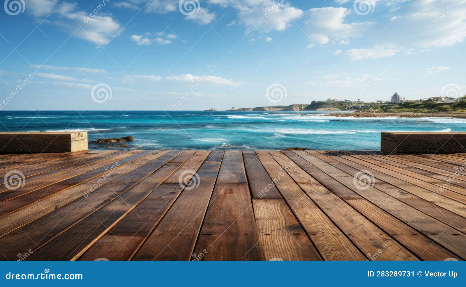 A Wooden Deck Overlooking the Ocean. Generative AI. Stock Image - Image ...