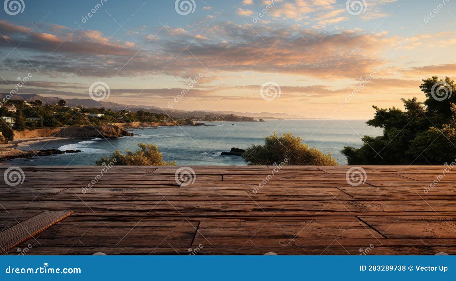 A Wooden Deck Overlooking the Ocean. Generative AI. Stock Photo - Image ...